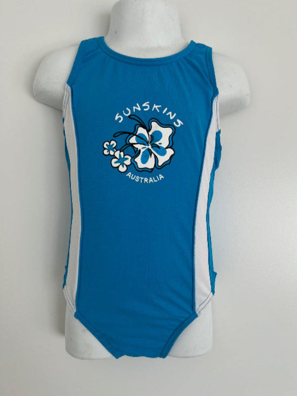 Girls One Piece Racing Bather Swimsuit - Chlorine Resistant - Blue wit