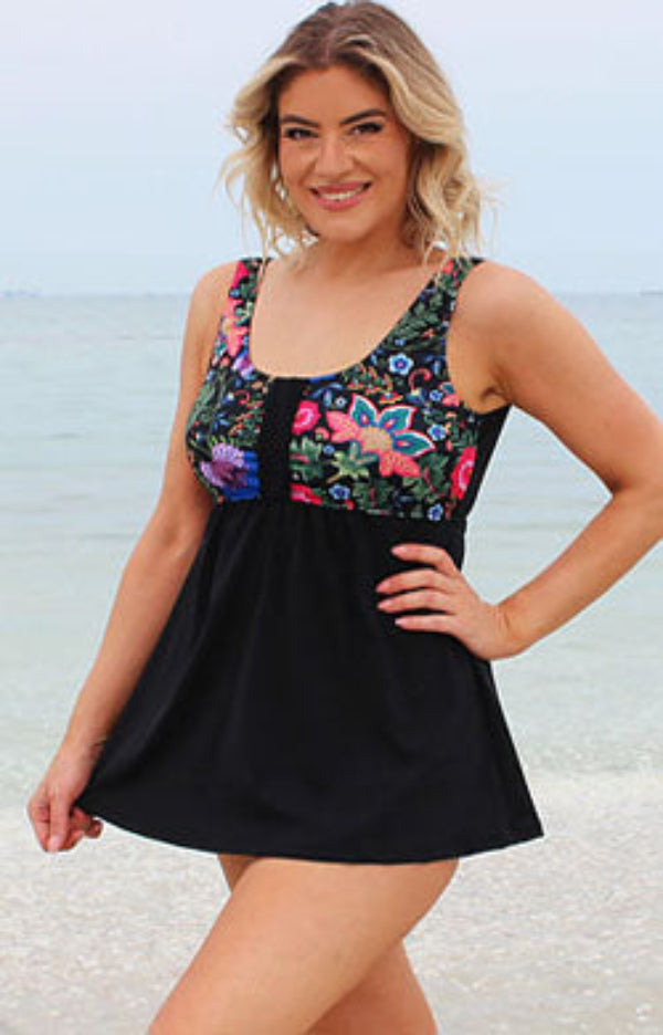 Swing Tankini Top Chlorine Resistant Swimwear - Black with Tahiti Prin